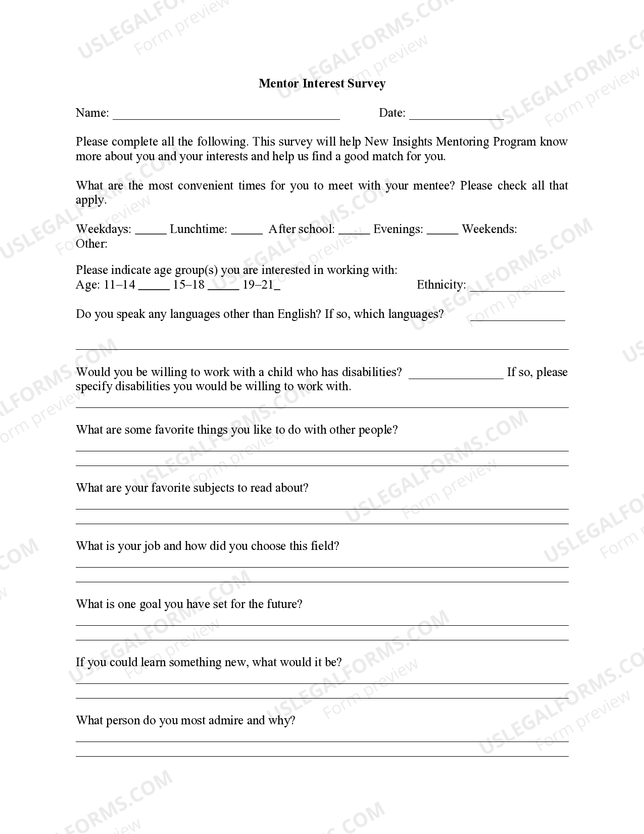 Mentor Interest Survery Form for Mentorship Program | US Legal Forms