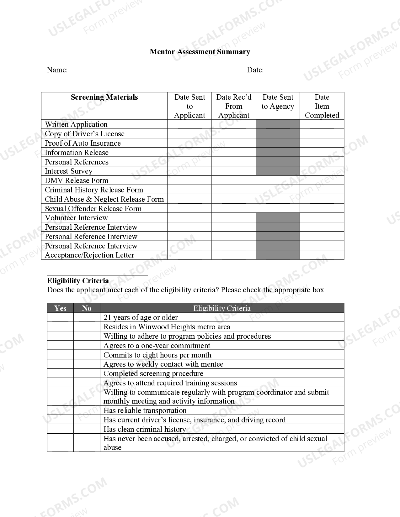 Mentor Assessment Summary Form for Mentorship Program | US Legal Forms