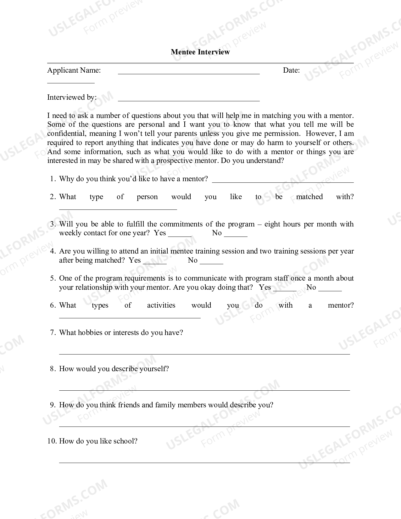 Mentee Interview Form for Mentorship Program | US Legal Forms