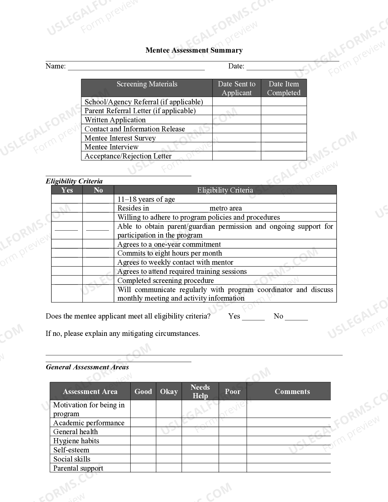 Mentee Assessment Summary Form for Mentorship Program | US Legal Forms