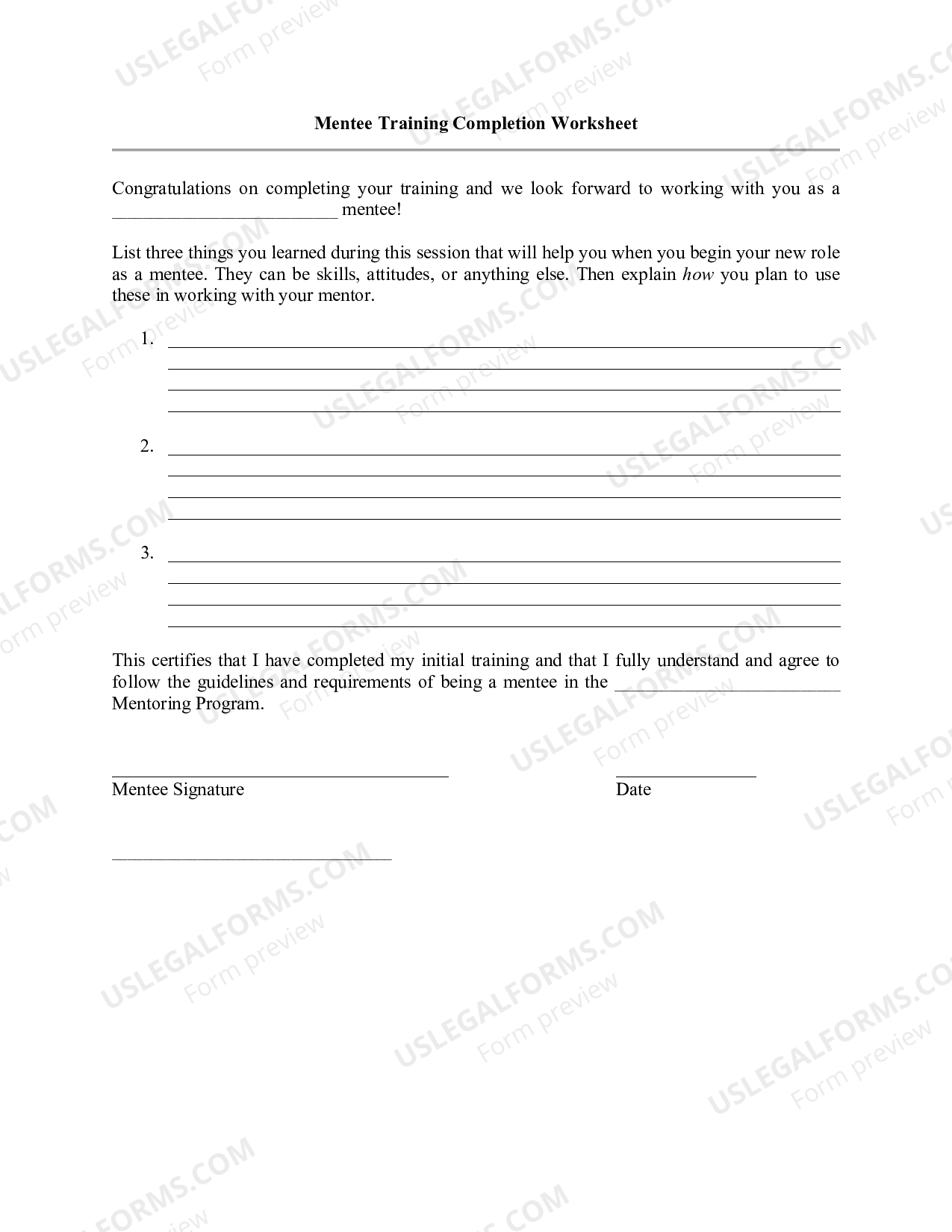 Mentee Training Completion Worksheet | US Legal Forms
