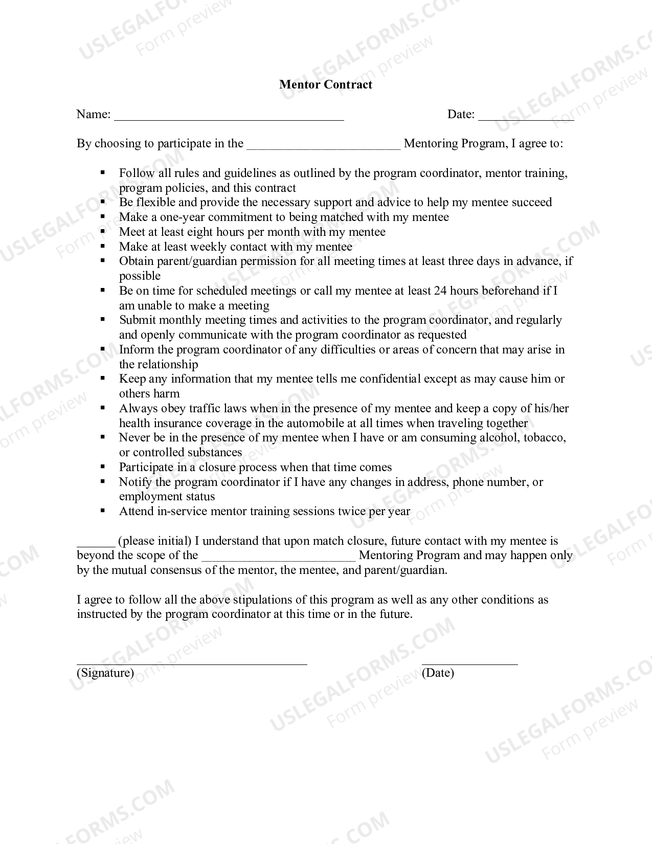 Mentor Contract for Mentorship Program | US Legal Forms
