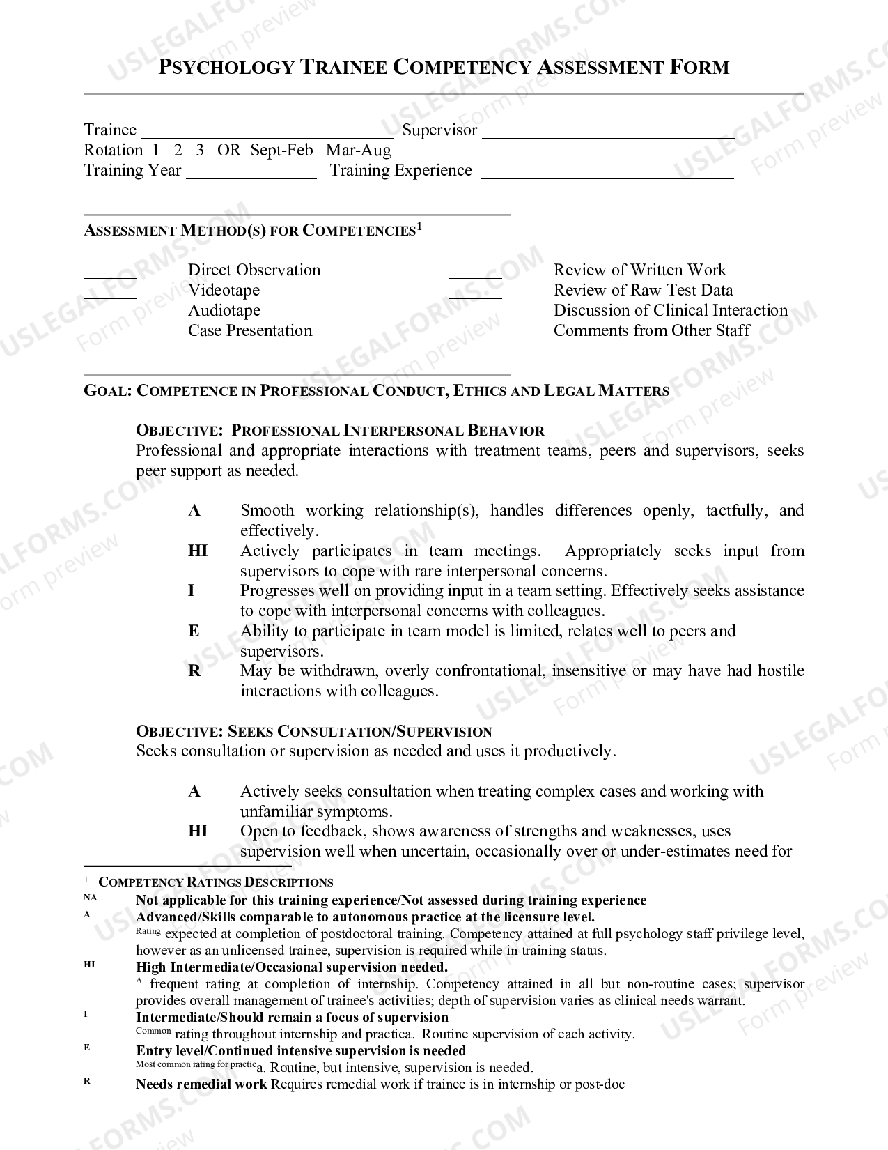 Assessment Form for Psychology Trainee Competency Evaluation | US Legal ...