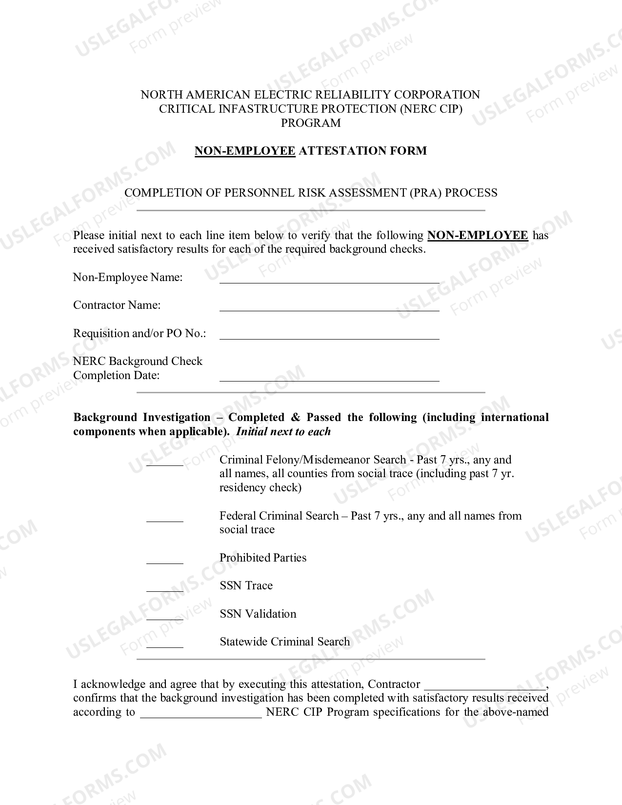 Non-Employee Attestation Form for North American Electric Reliability ...