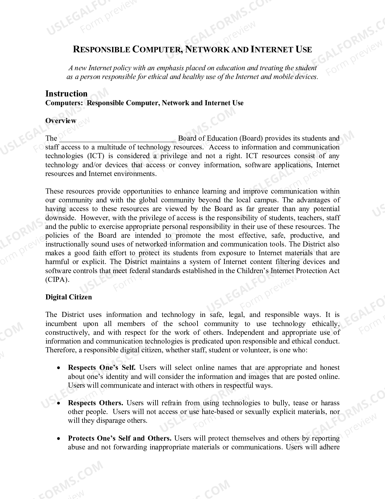 Responsible Computer Network and Internet Use for Schools | US Legal Forms