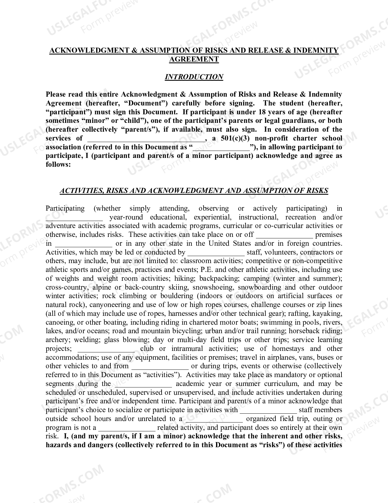 501(c)(1) Non-Profit Charter School Release and Indemnification ...