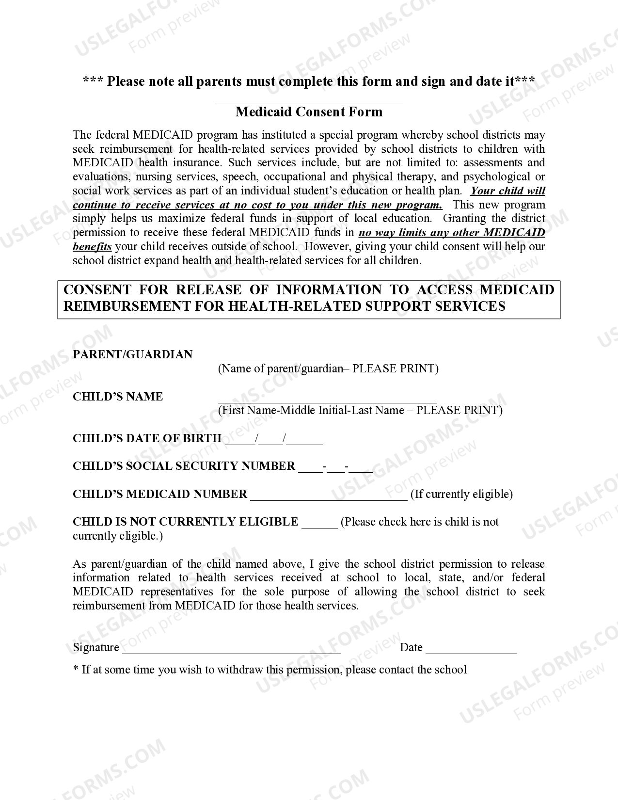 501(c)(1) Non-Profit Charter School Medicaid Consent Form | US Legal Forms