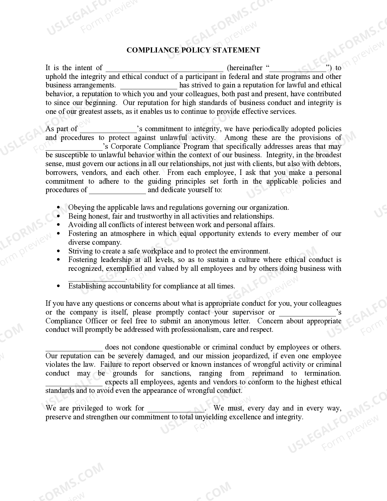 Compliance Policy Statement | US Legal Forms