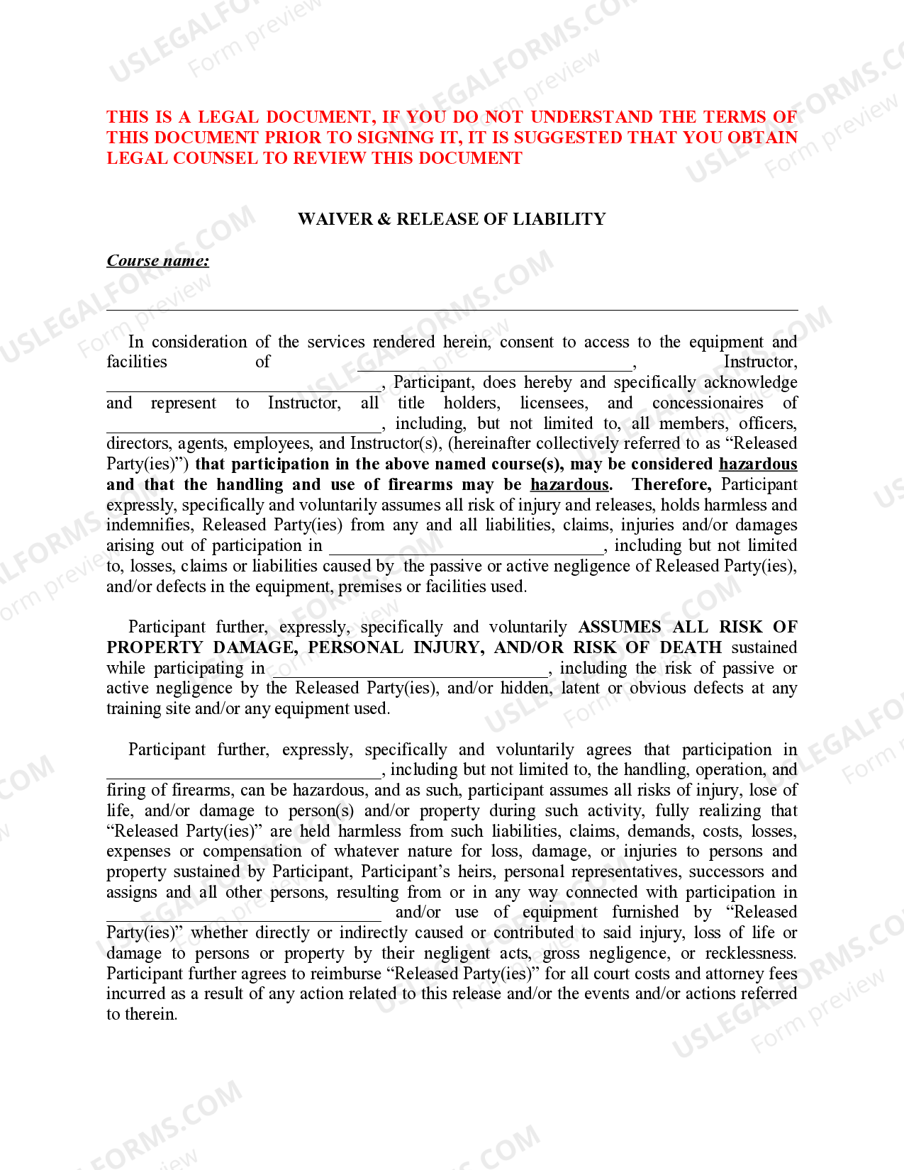 Release of Liability and Hold Harmless Agreement for Firearms Shooting ...