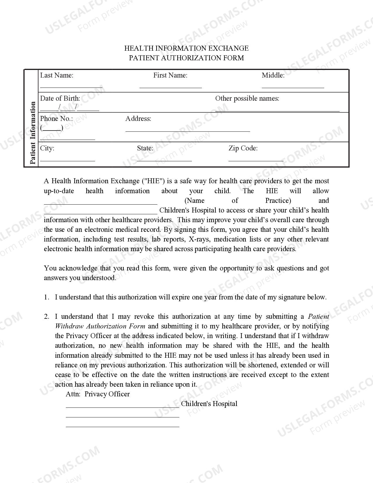 Children's Hospital Health Information Exchange Patient Authorization ...