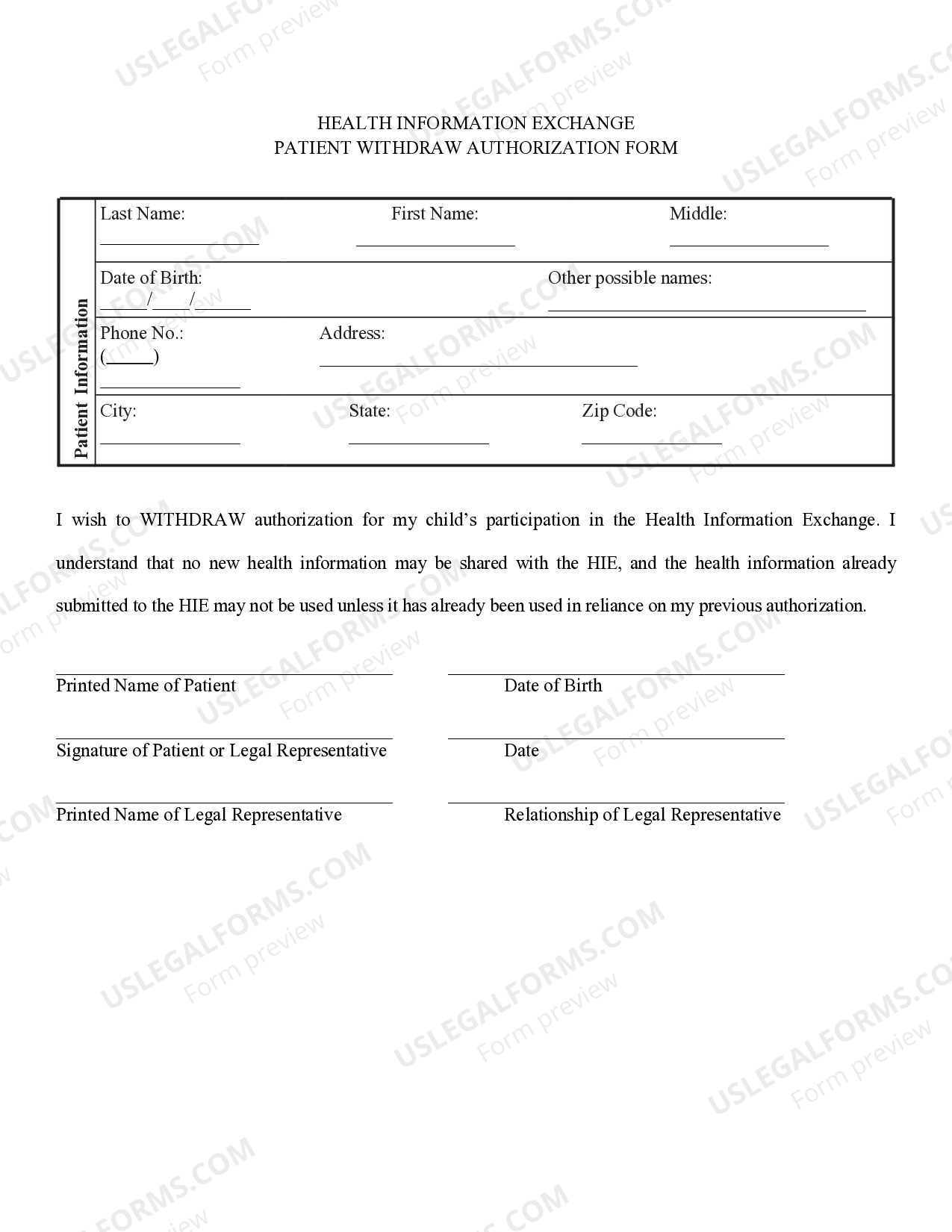Children's Hospital Health Information Exchange Patient Authorization Withdrawal | US Legal Forms
