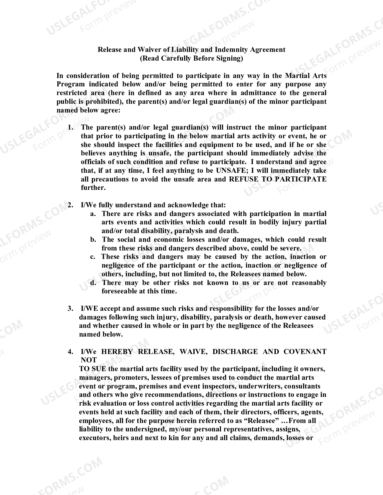 Release and Waiver of Liability and Indemnity Agreement for Martial ...