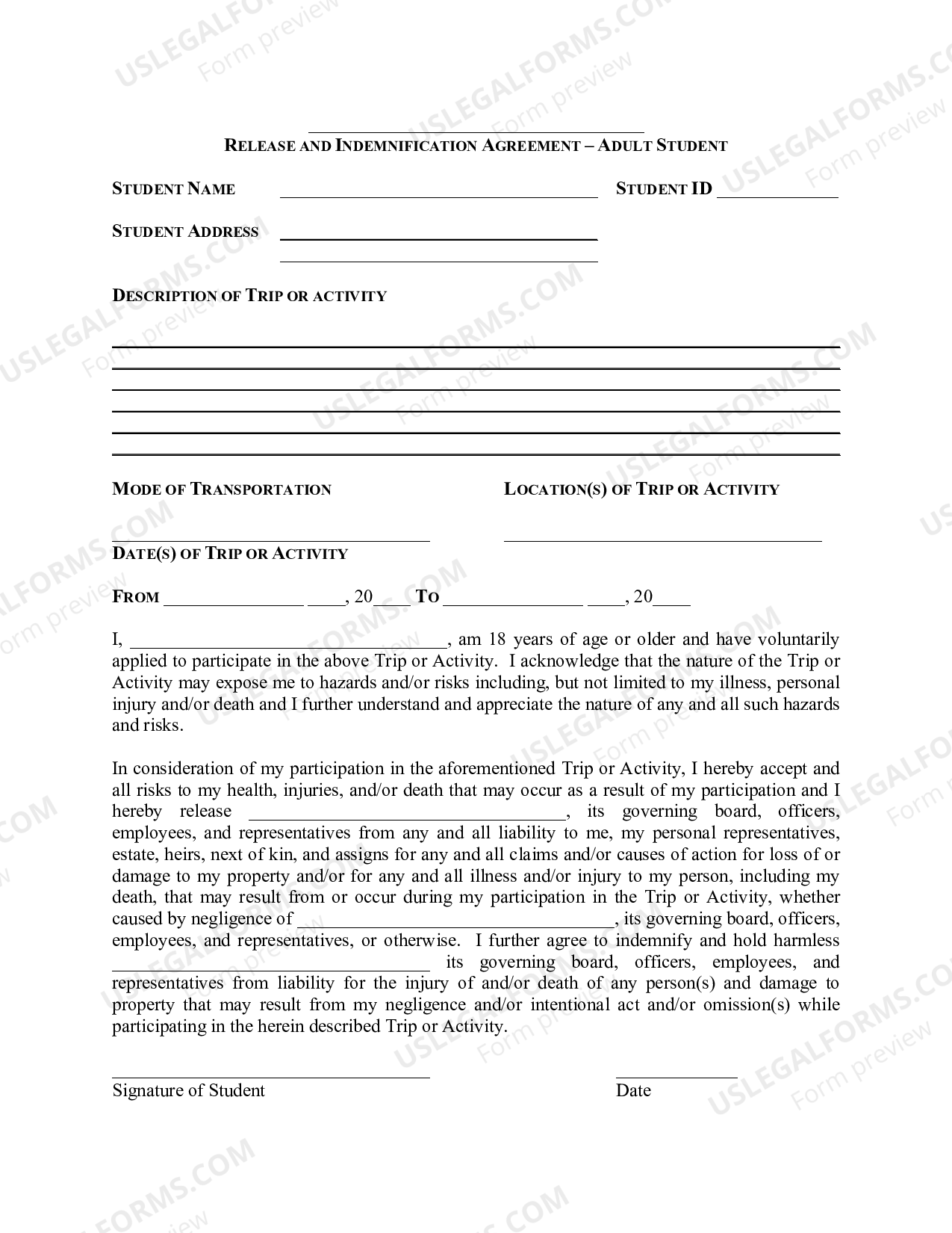 Adult Student Release and Indemnification Agreement | US Legal Forms