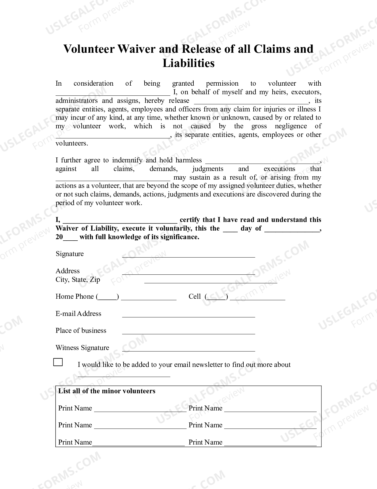 Volunteer Waiver and Release of Claims and Liabilities | US Legal Forms