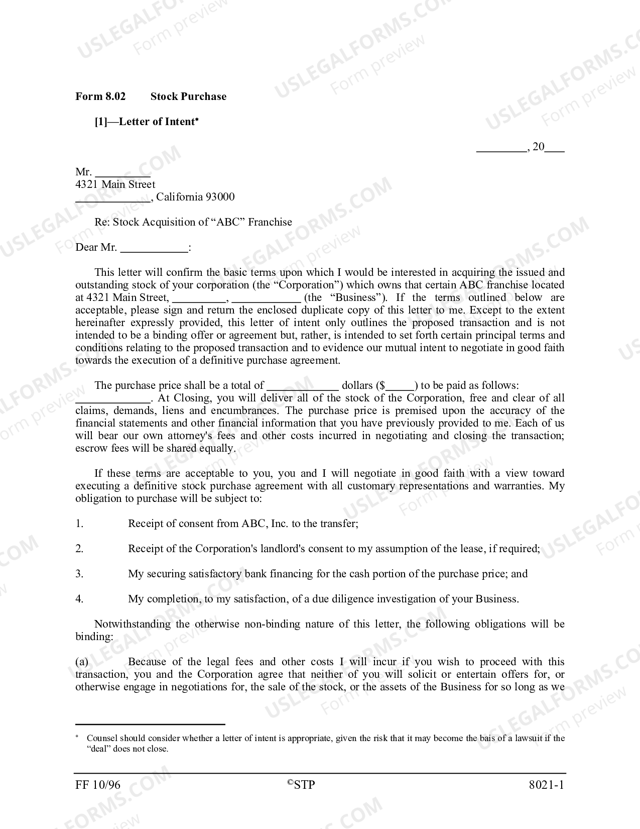 Stock Purchase - Letter of Intent - Letter Of Intent Stock Purchase ...