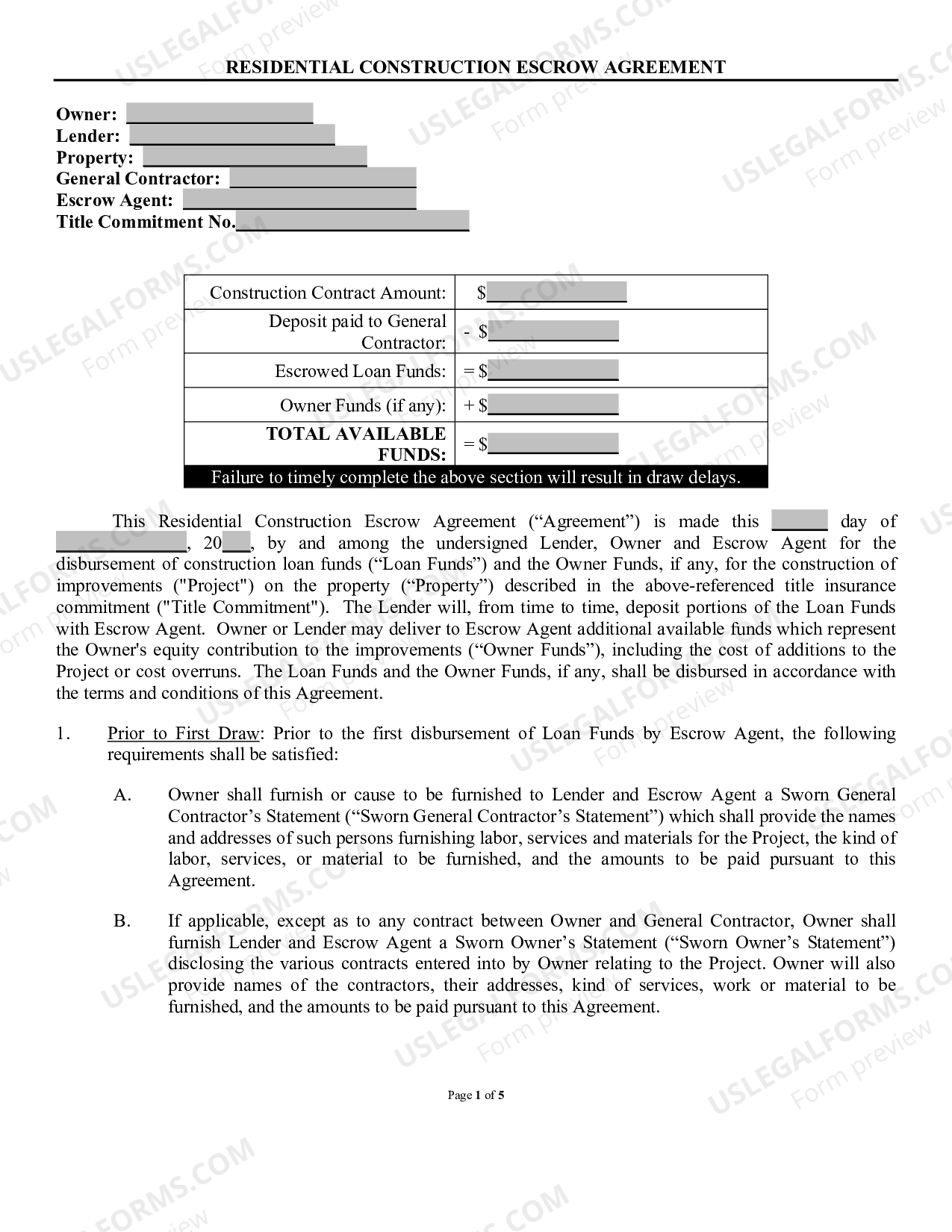 Residential Construction Escrow Agreement | US Legal Forms
