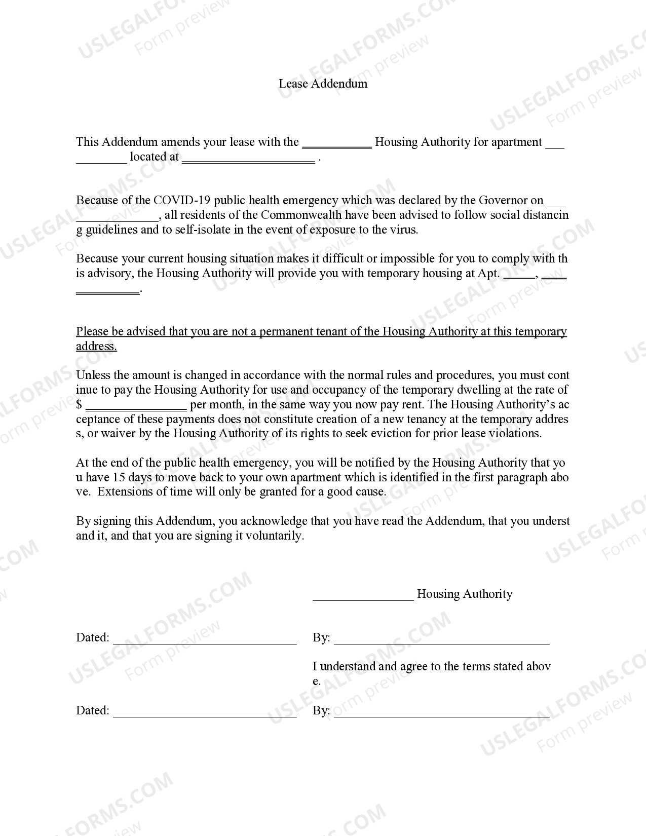 Lease Addendum for COVID-19 Emergency Housing | US Legal Forms
