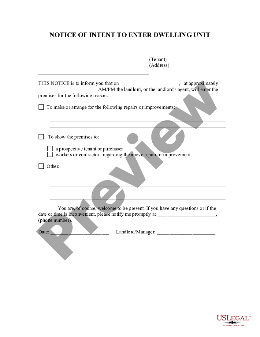 Notice To Enter Premises Form Us Legal Forms