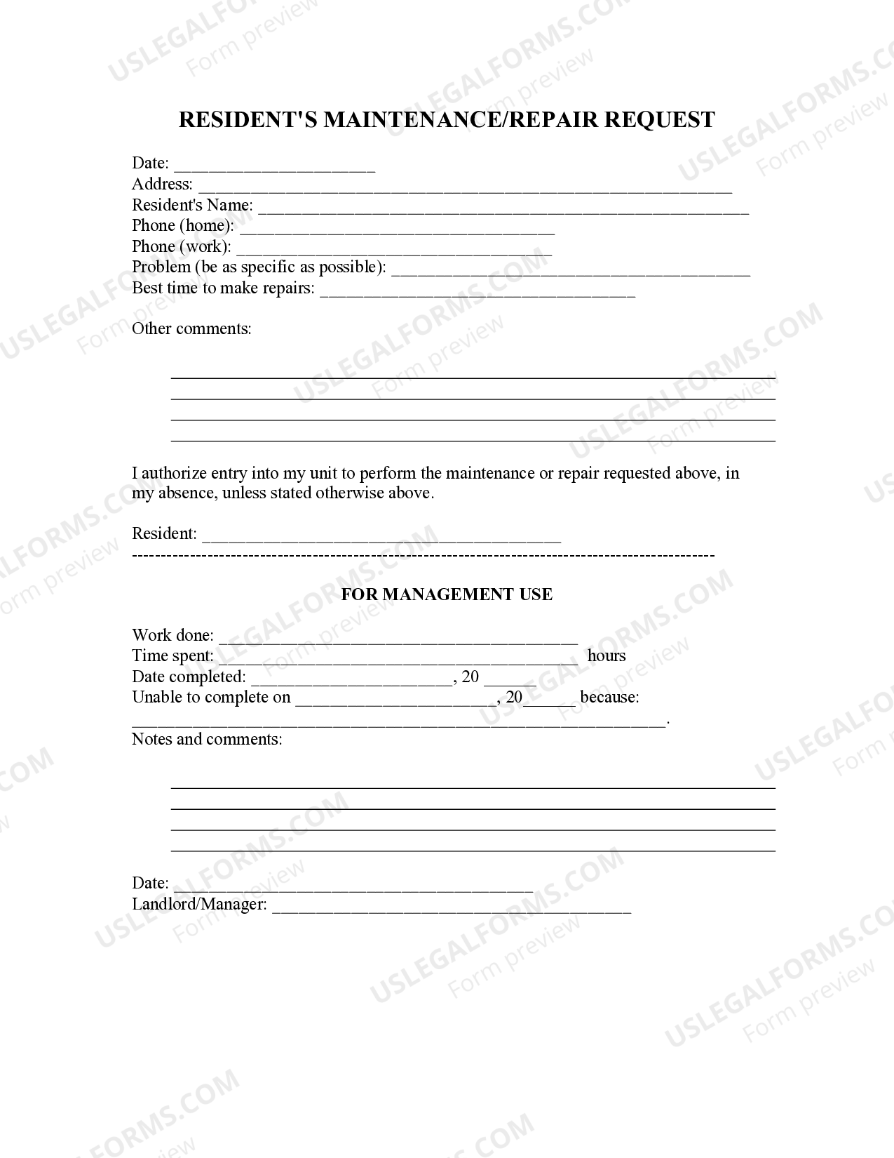 Arkansas Lessee Resident Request for Maintenance or Repairs ...