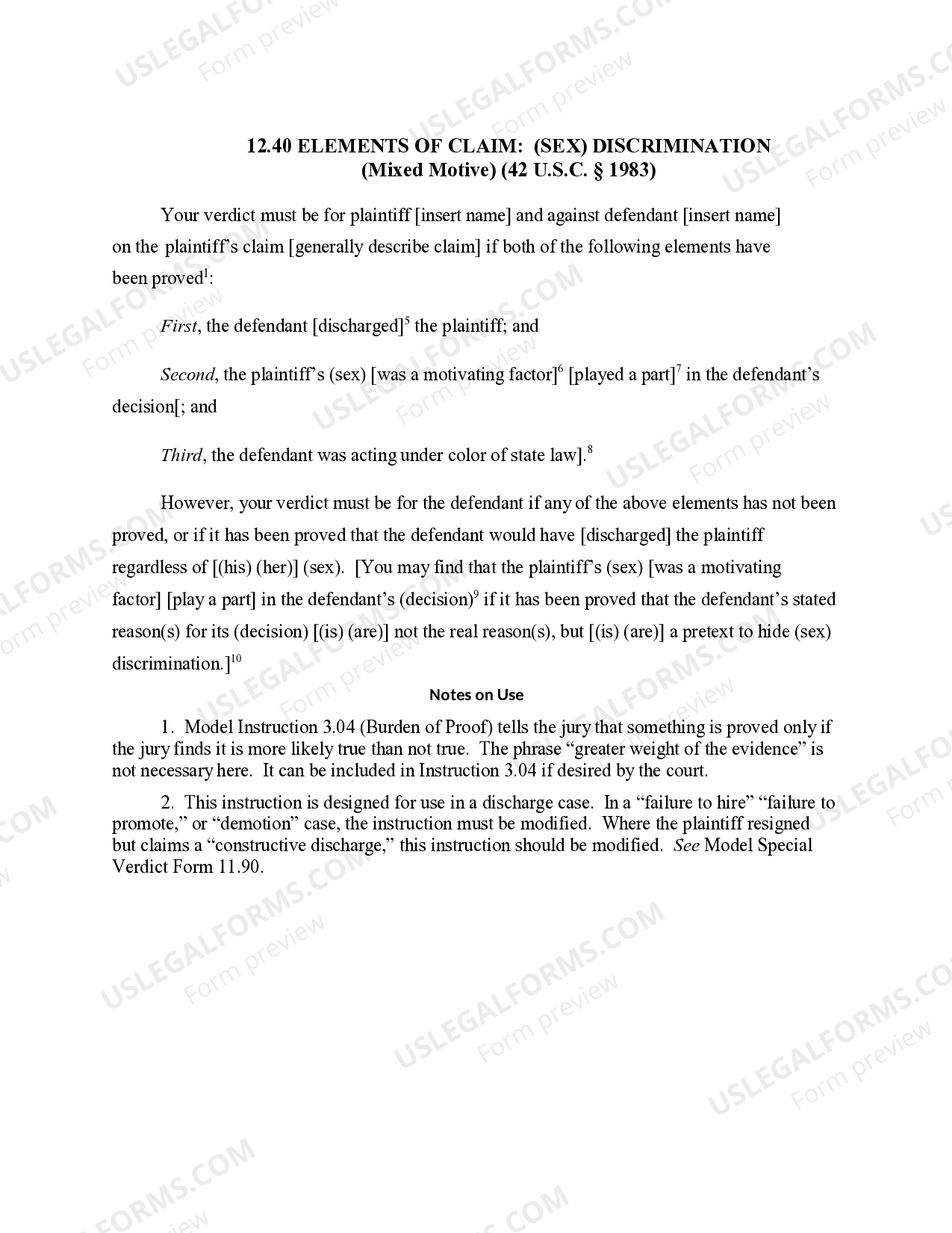 12.40 ELEMENTS OF CLAIM: (SEX) DISCRIMINATION - ELEMENTS (Mixed Motive ...