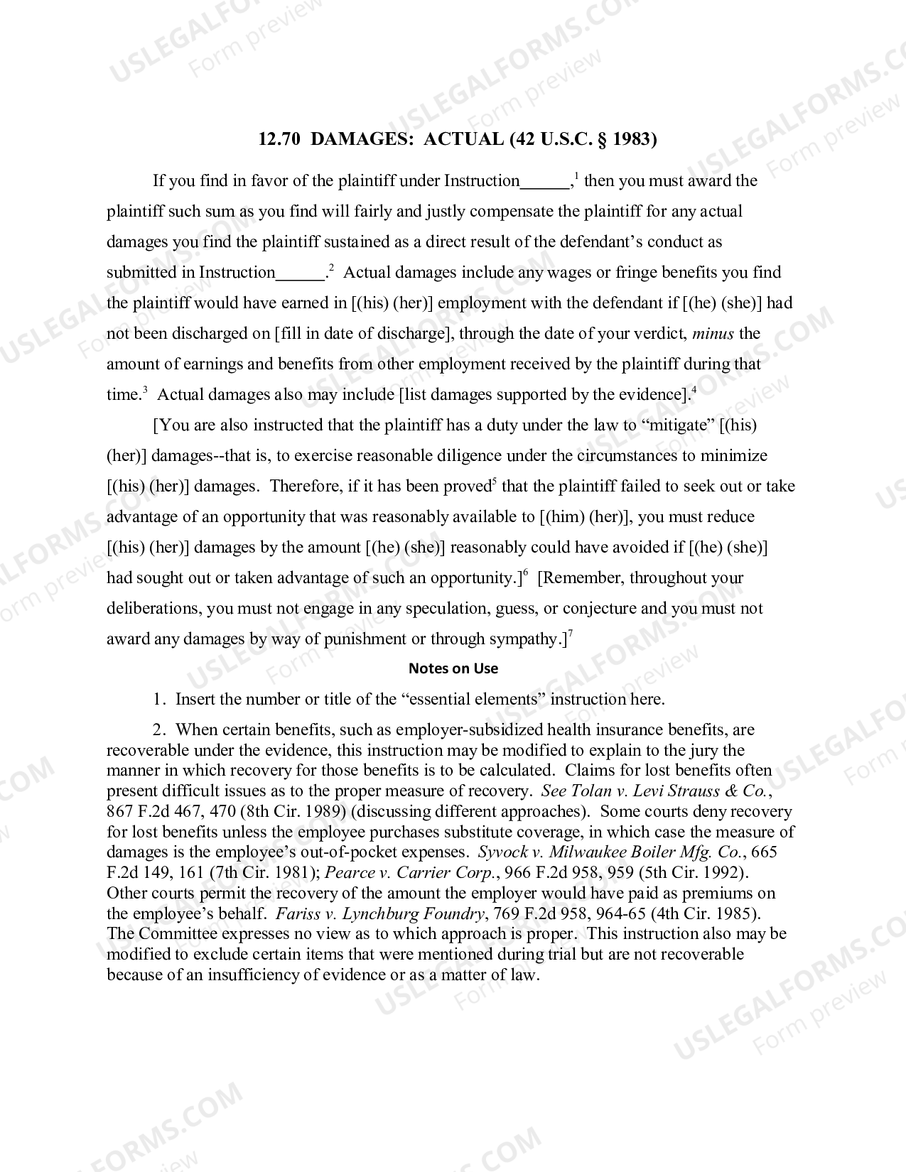 12.70 DAMAGES: ACTUAL (42 U.S.C. Civ. 1983) | US Legal Forms