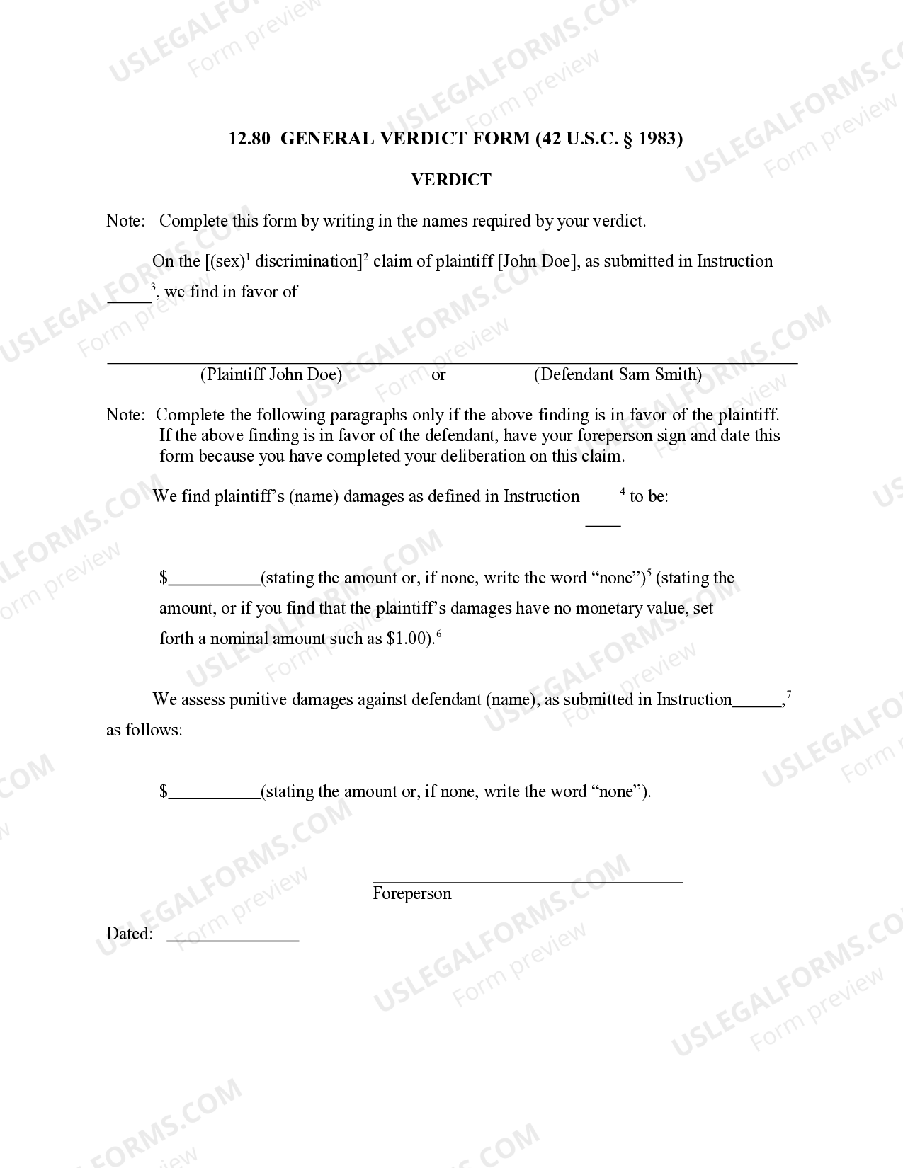 12.80 GENERAL VERDICT FORM (42 U.S.C. Civ. 1983) | US Legal Forms