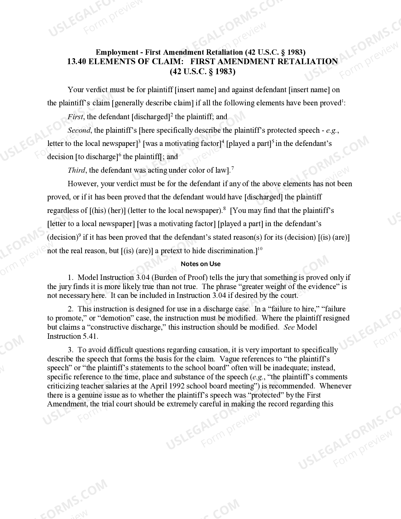 13.40 ELEMENTS OF CLAIM: FIRST AMENDMENT RETALIATION (42 U.S.C. Civ ...
