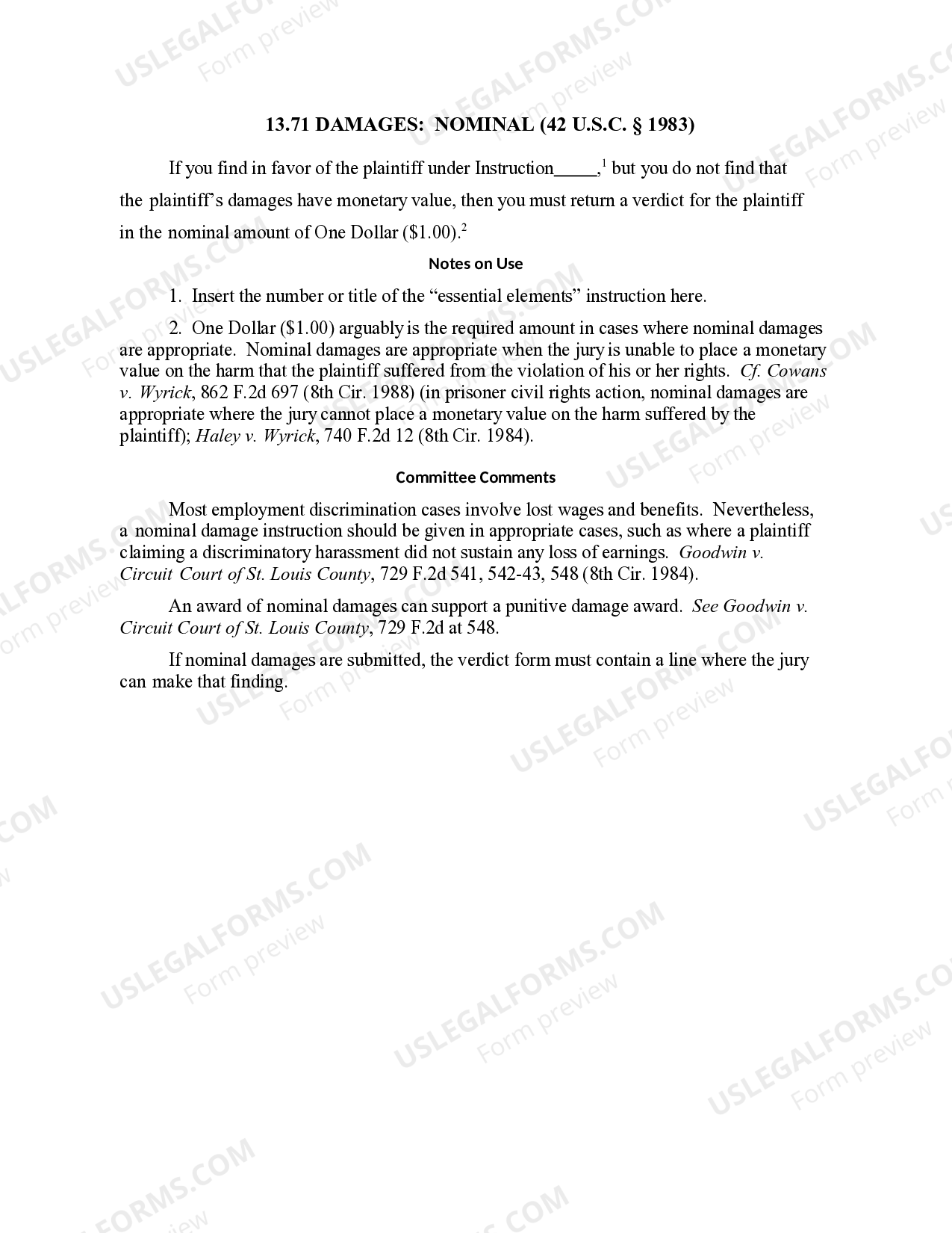 13.71 DAMAGES: NOMINAL (42 U.S.C. Civ. 1983) | US Legal Forms