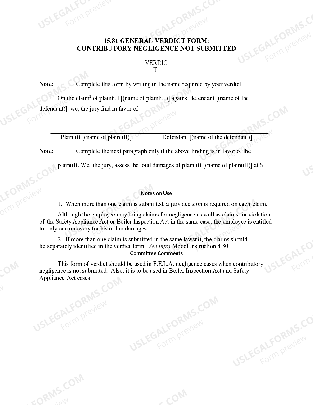 15.81 GENERAL VERDICT FORM: CONTRIBUTORY NEGLIGENCE NOT SUBMITTED | US ...