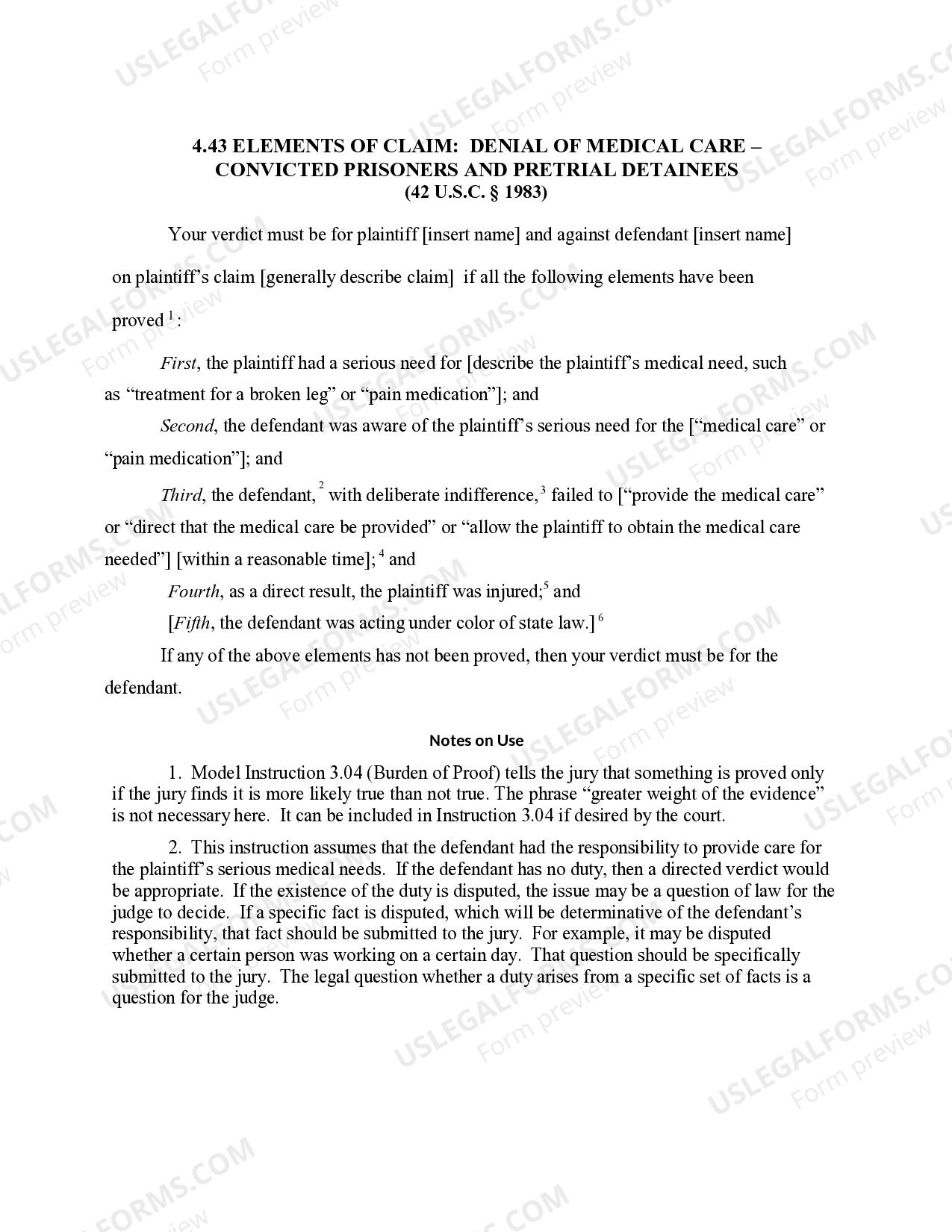 4.43 ELEMENTS OF CLAIM: DENIAL OF MEDICAL CARE - CONVICTED PRISONERS ...