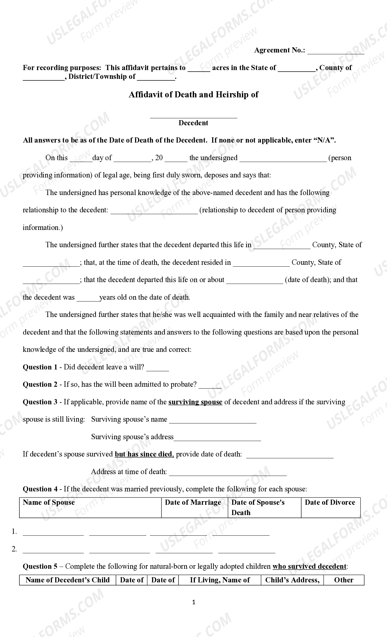 Affidavit of Death and Heirship of Decedent - Affidavit Death | US ...