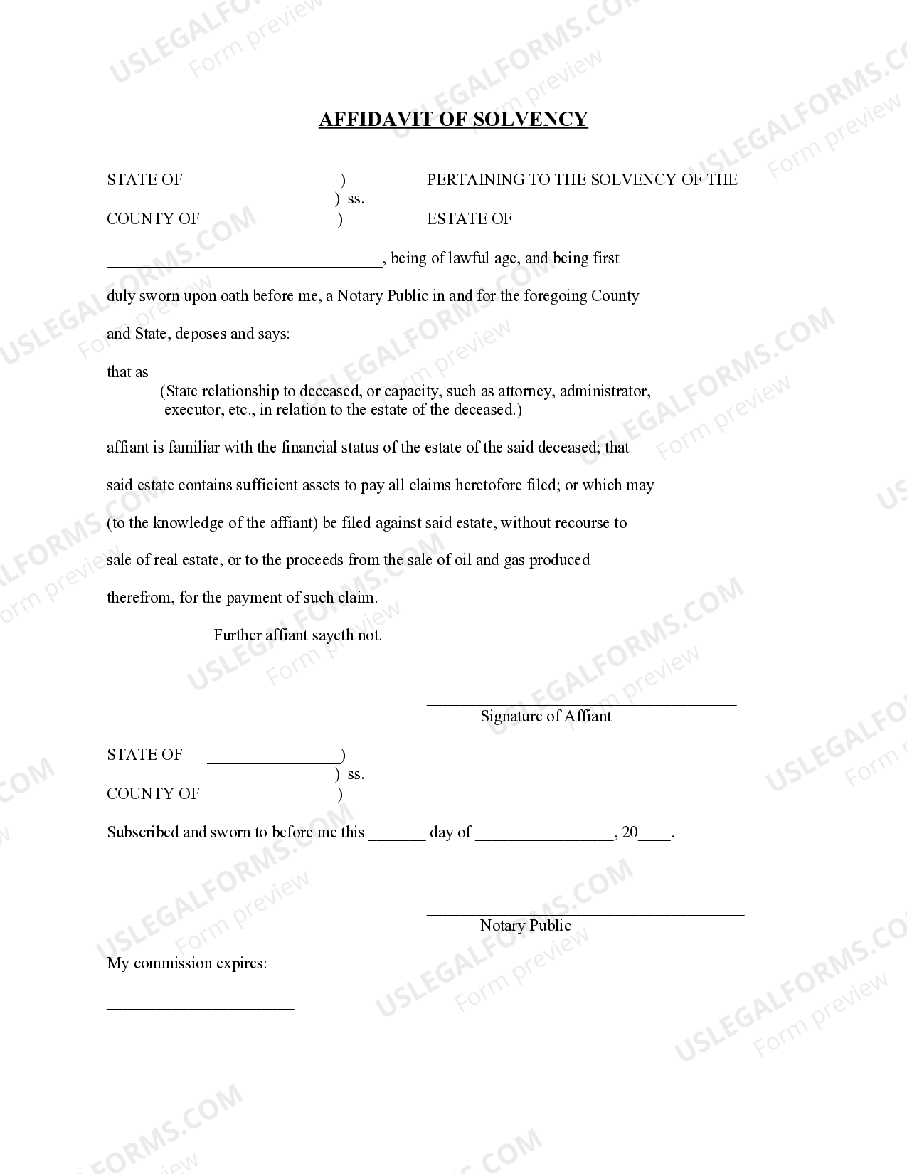 Affidavit of Solvency | US Legal Forms