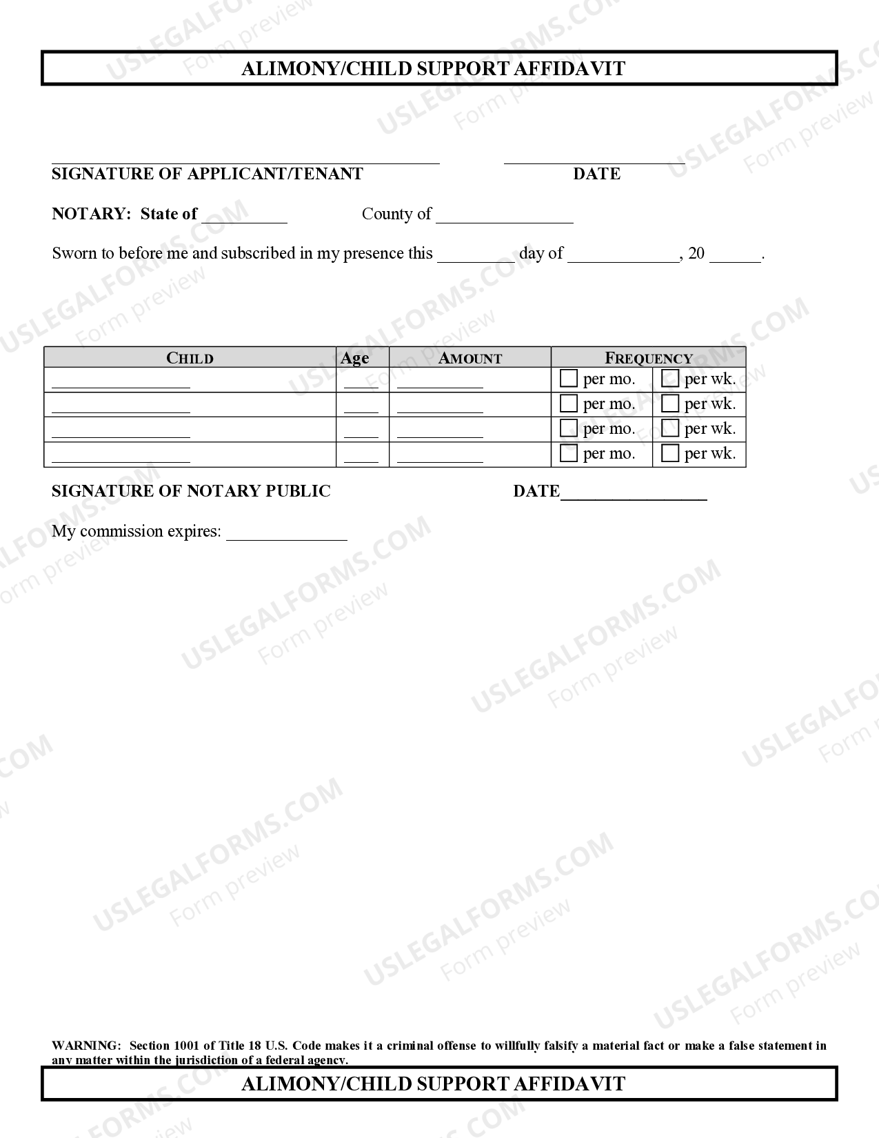 Alimony/Child Support Affidavit | US Legal Forms