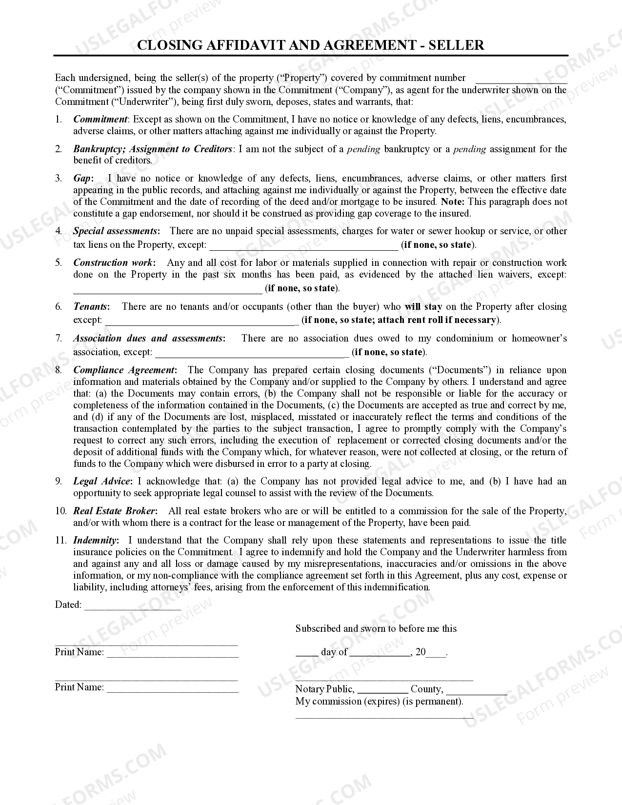 Closing Affidavit and Agreement -Seller | US Legal Forms