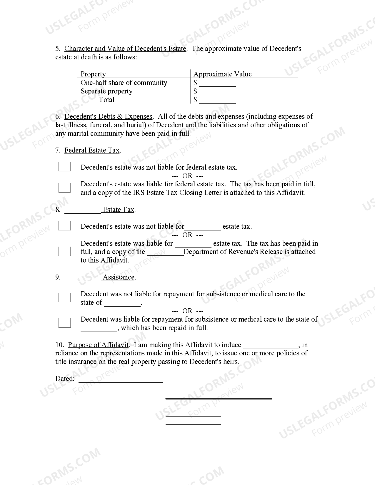 Lack of Probate Affidavit- Separate Property - Affidavit Template | US ...