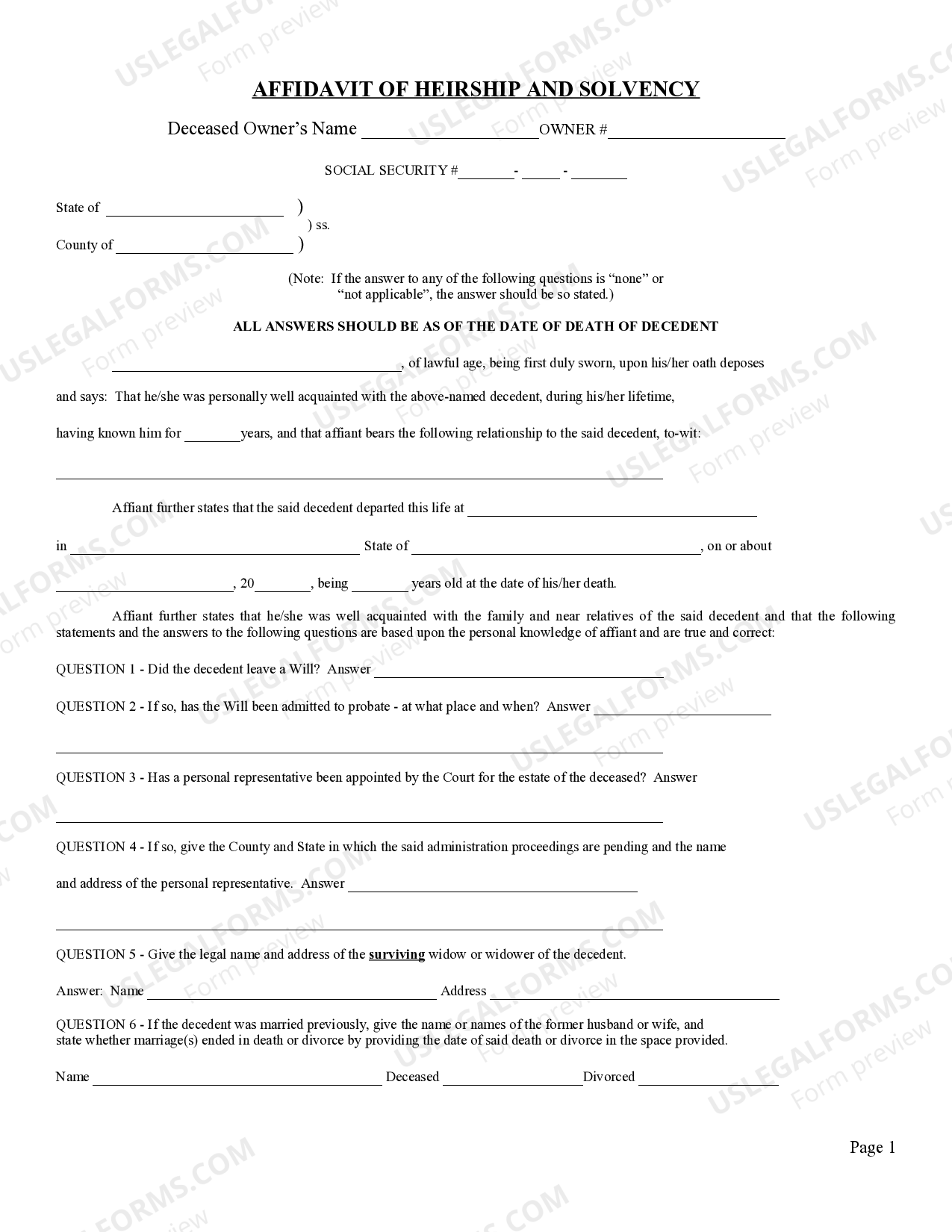 Affidavit of Heirship and Solvency | US Legal Forms
