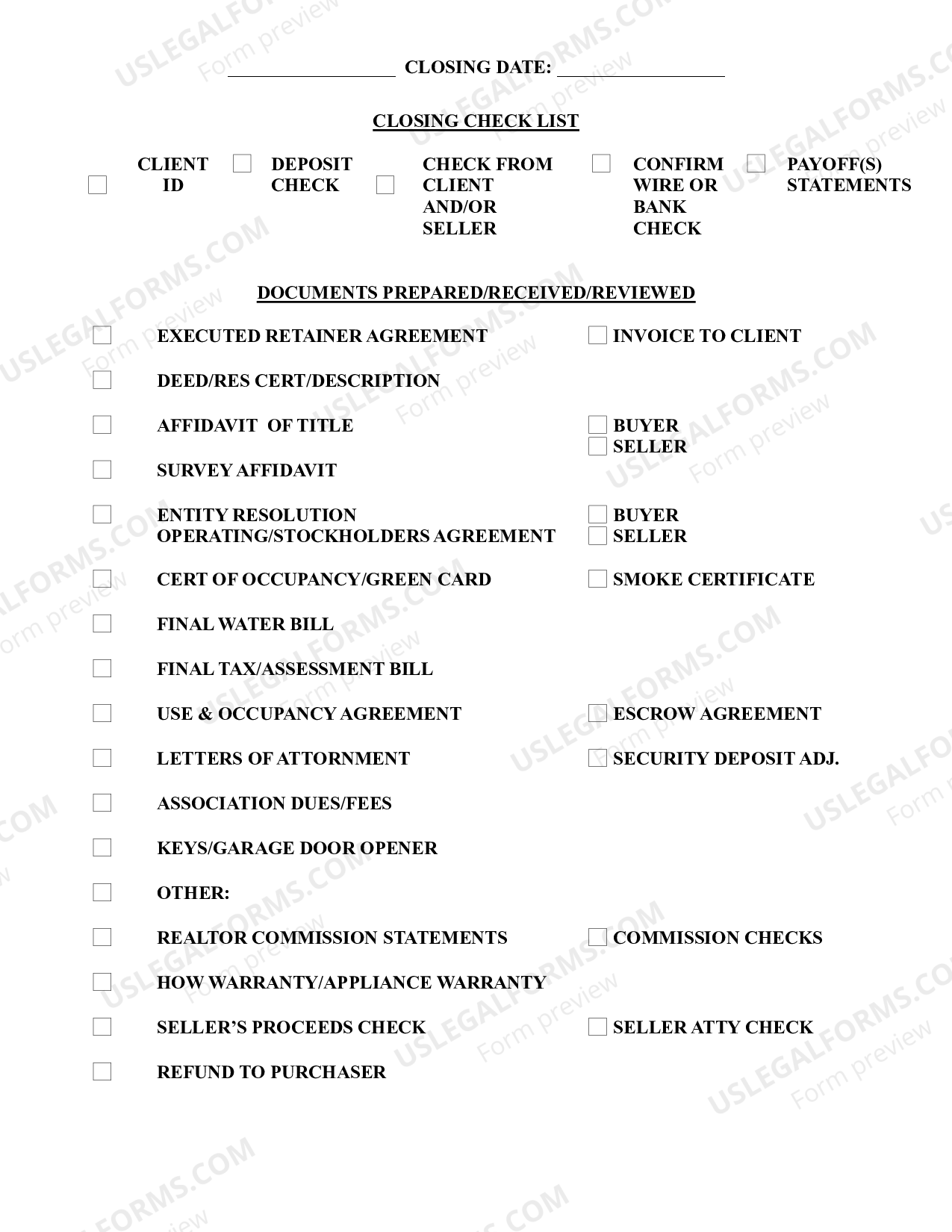 Check List: Real Estate - Closing Day | US Legal Forms