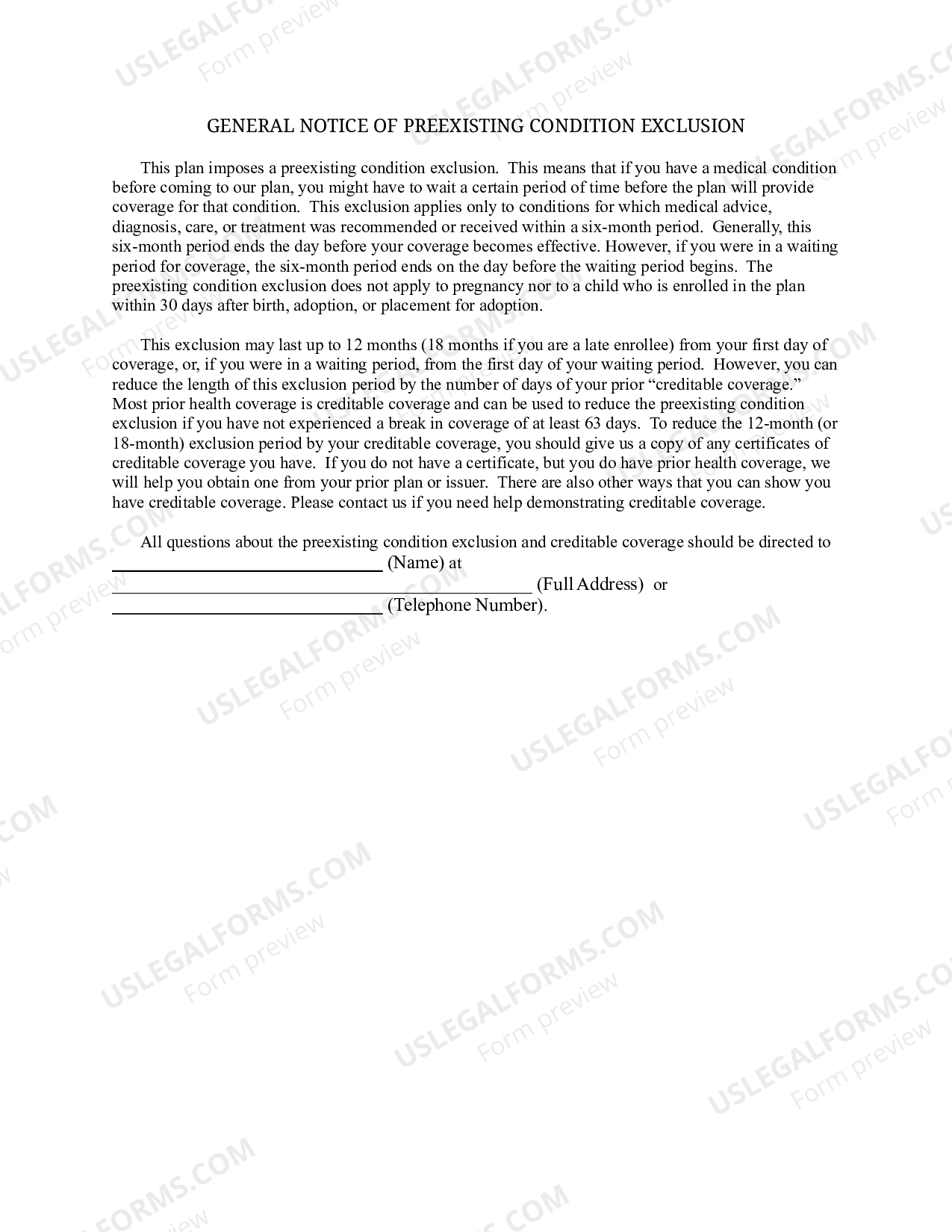 General Notice of Preexisting Condition Exclusion - General Condition ...