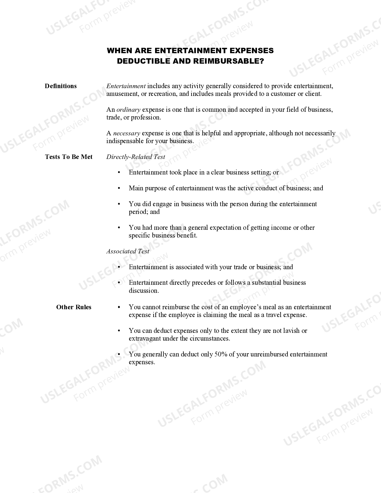 Information Sheet - Entertainment Expenses | US Legal Forms