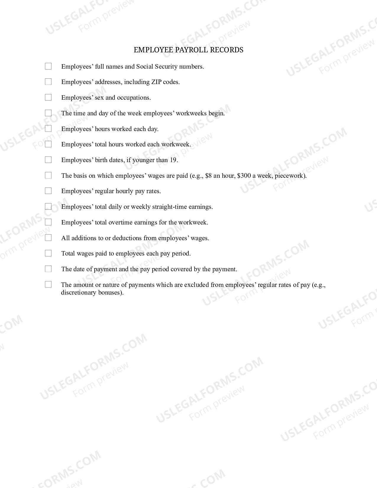 Employee Payroll Records Checklist - Payroll Records | US Legal Forms