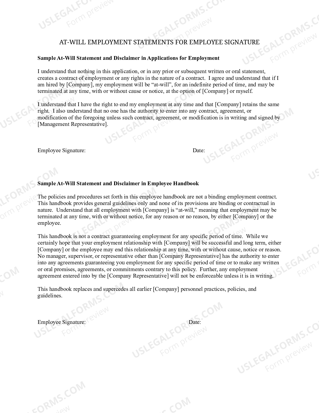 Florida At-Will Employment Statements for Employee Signature - At Will ...