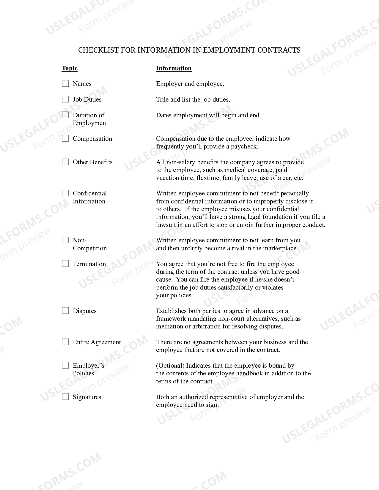 Checklist for Information in Employment Contracts | US Legal Forms
