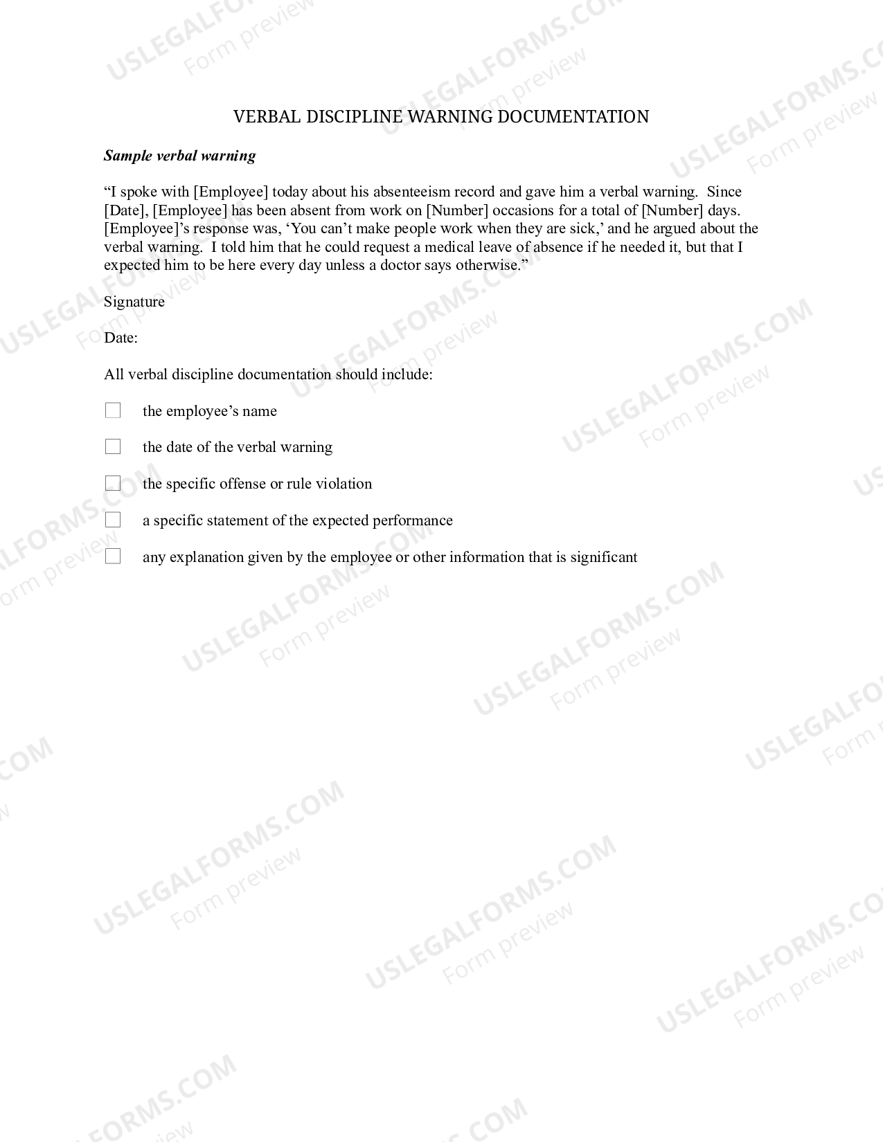 Vermont Verbal Discipline Warning Documentation Checklist - Verbal ...