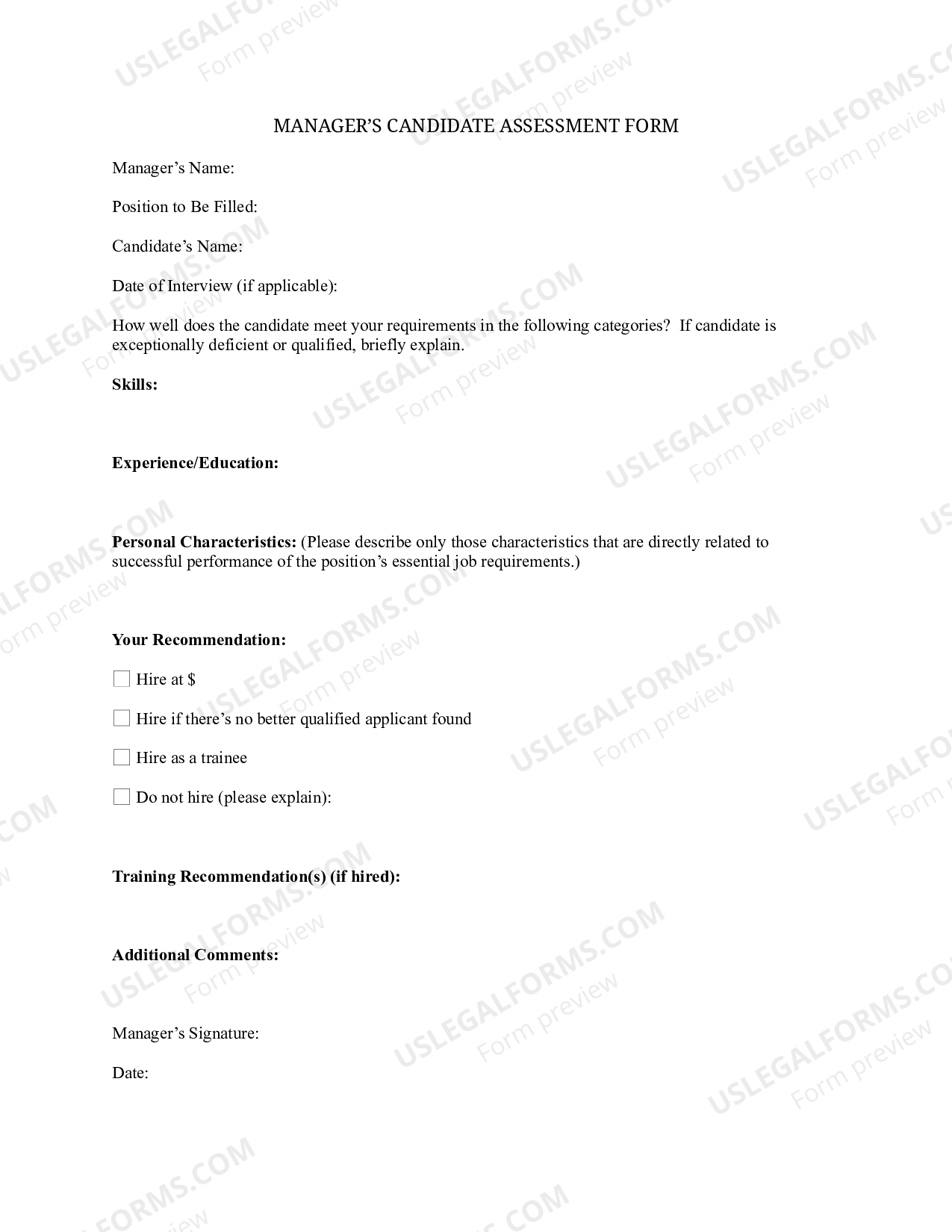 Minnesota Manager's Candidate Assessment Form - Manager Assessment Form ...