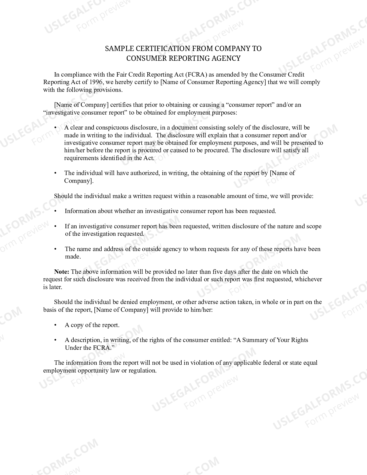 California Sample Certification from Company to Consumer Reporting ...