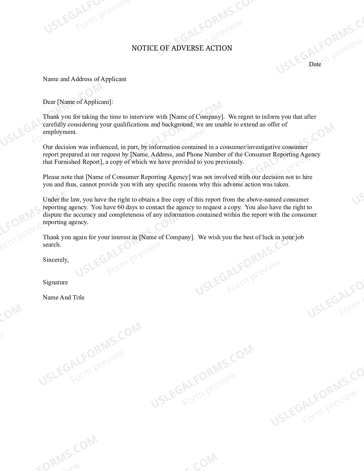 Louisiana Notice of Adverse Action - Non-Employment - Due to Consumer ...