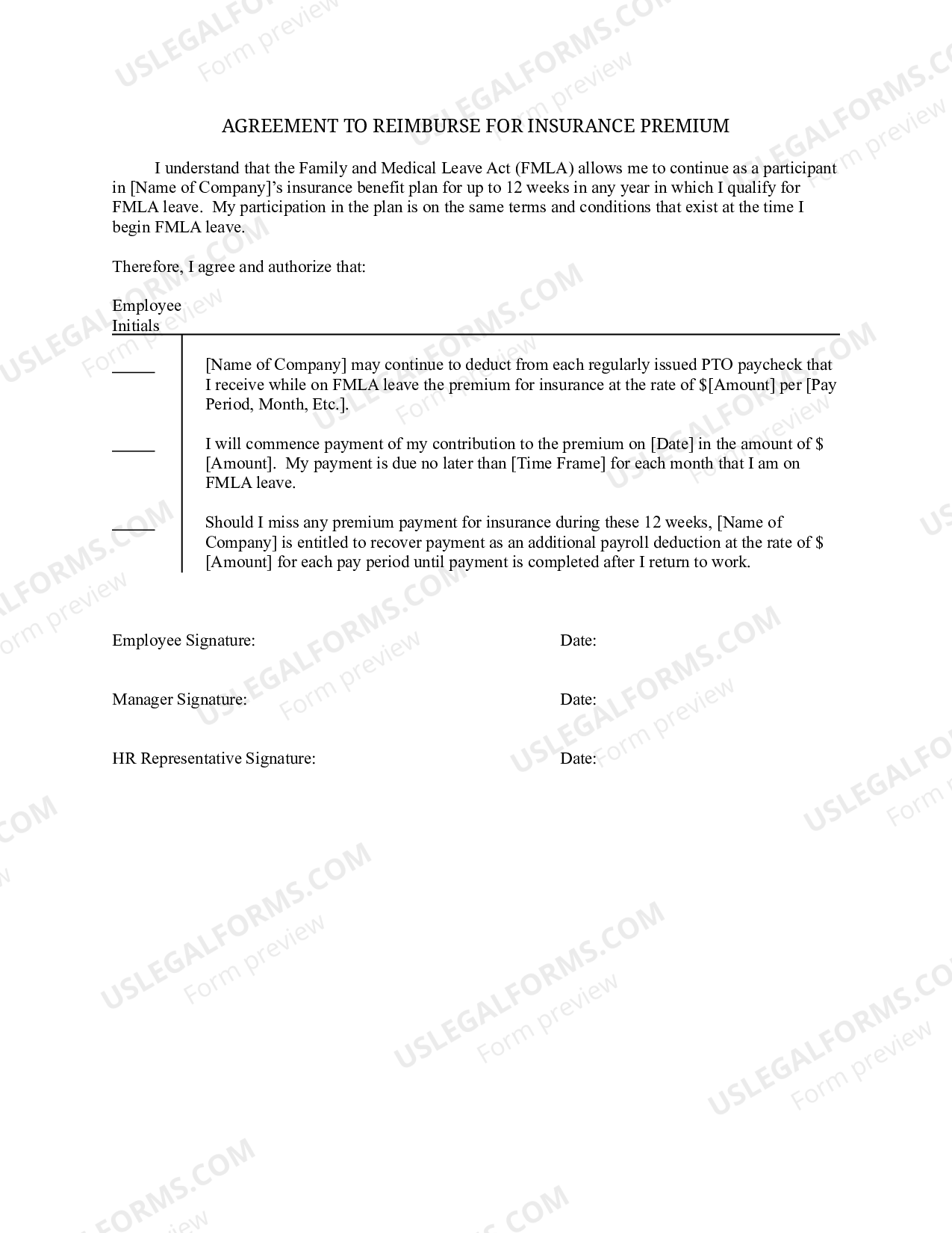 Tennessee Agreement to Reimburse for Insurance Premium - Insurance ...