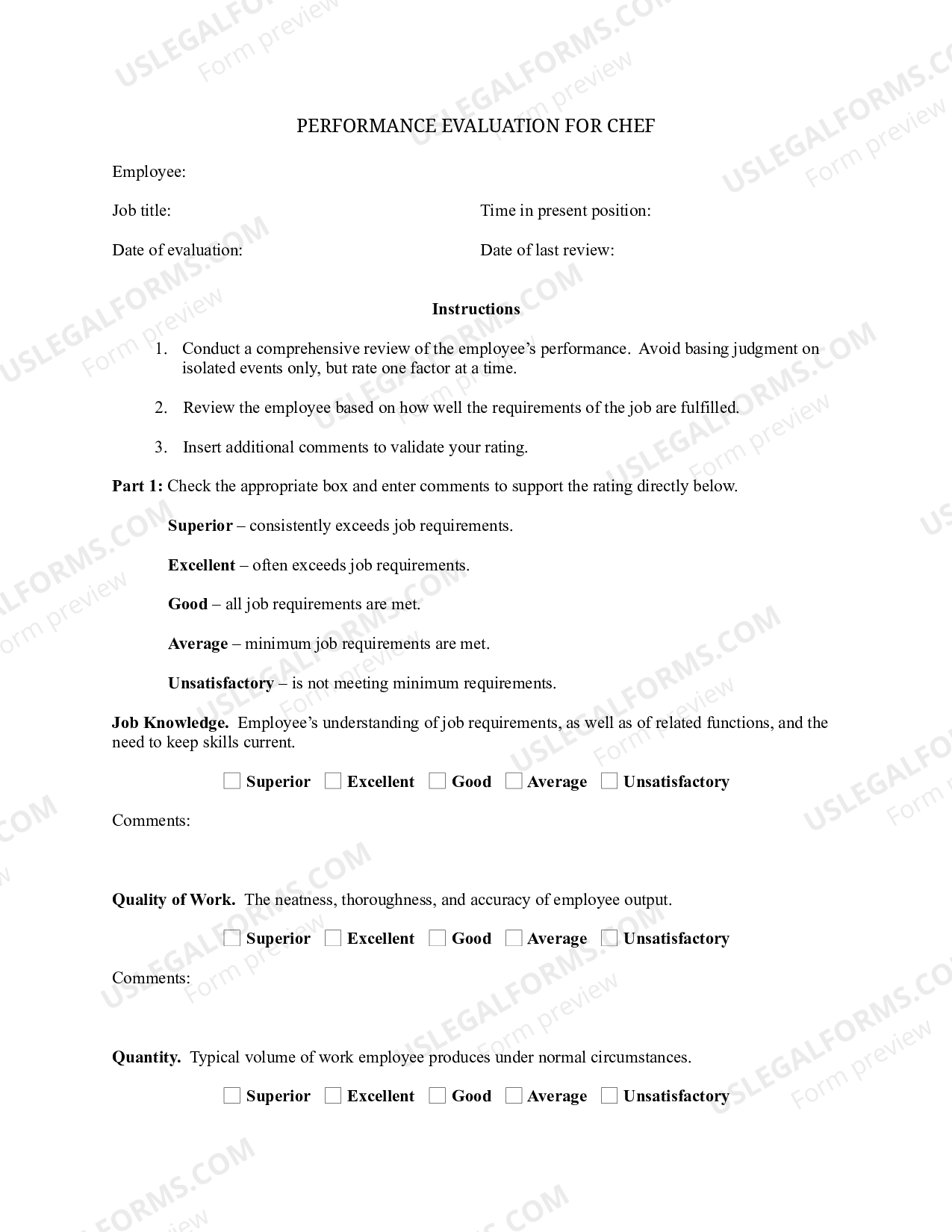Delaware Employee Evaluation Form for Chef - Executive Chef Evaluation ...