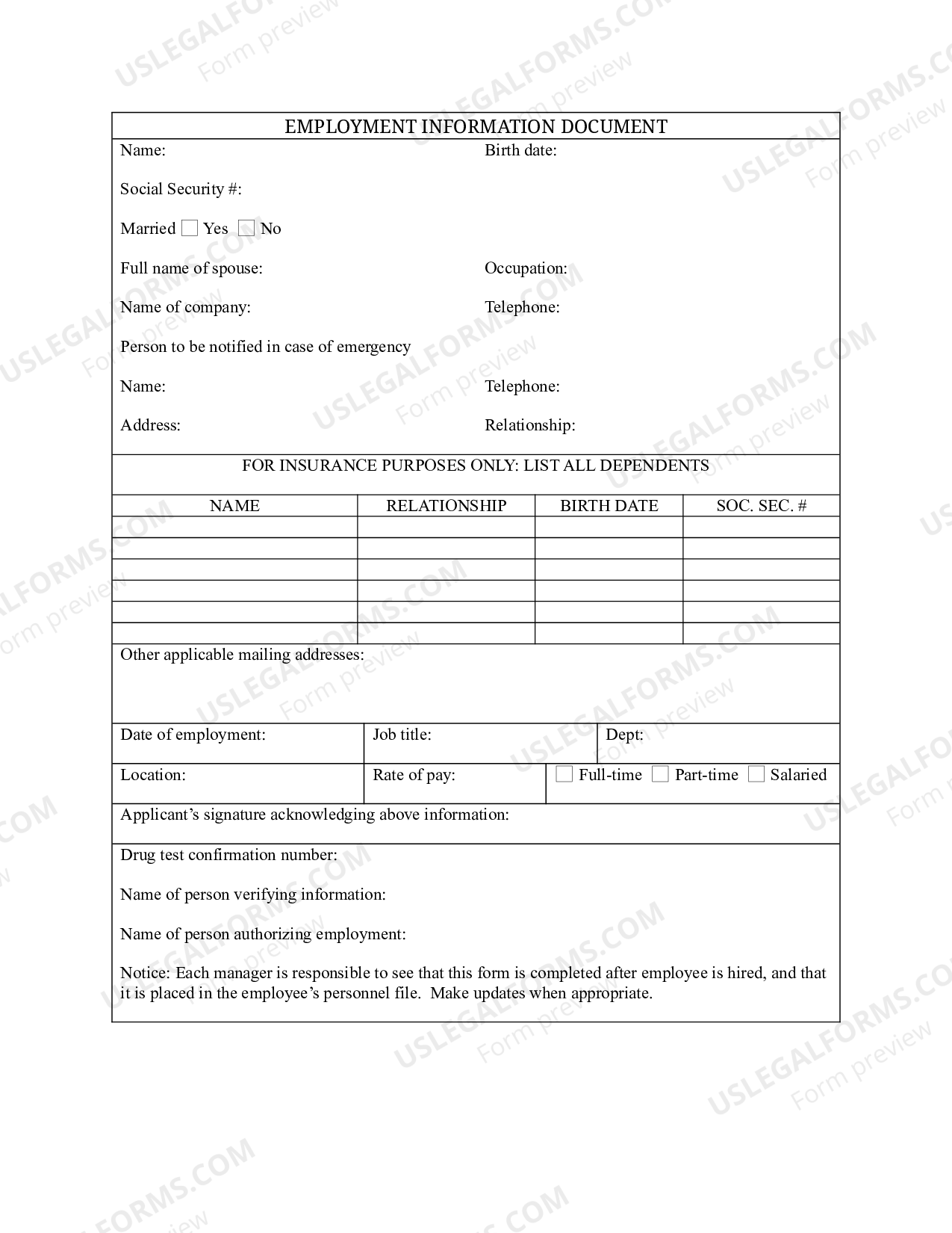 Connecticut Employment Information Document with Insurance Information ...