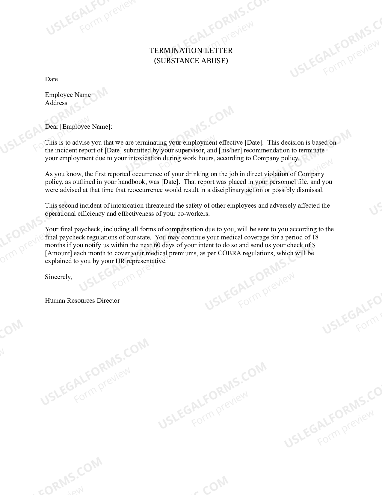 Virgin Islands Termination Letter (Substance Abuse) - Termination ...